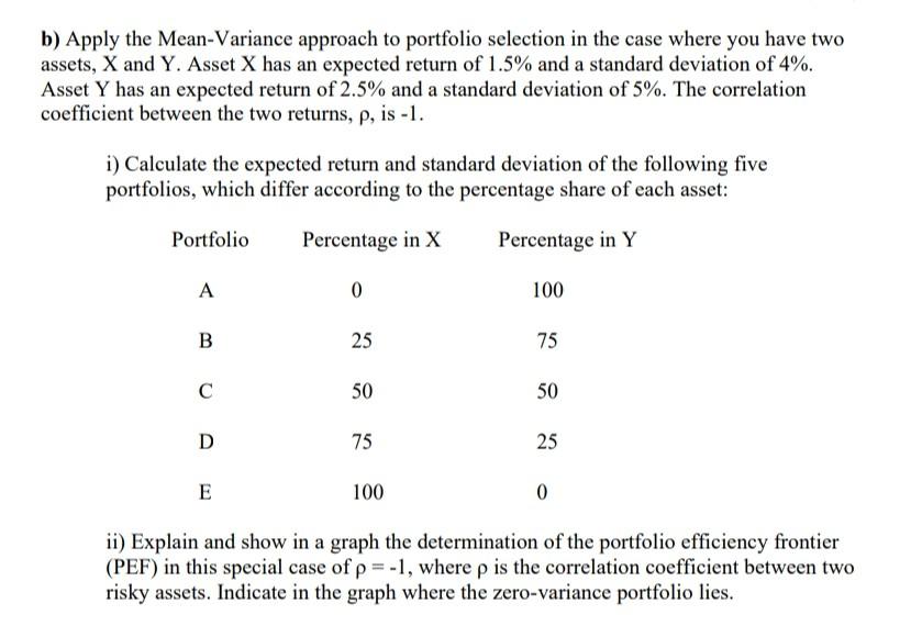 b) Apply the Mean-Variance approach to portfolio | Chegg.com