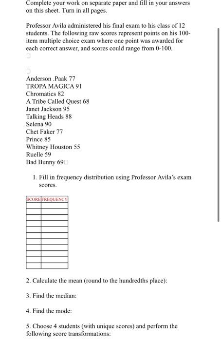 Solved Complete your work on separate paper and fill in your | Chegg.com