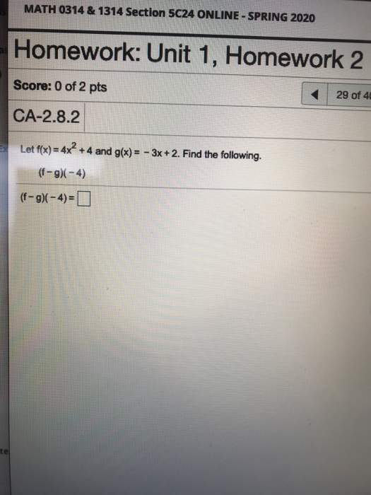 Solved MATH 0314 & 1314 Section 5C24 ONLINE - SPRING 2020 | Chegg.com