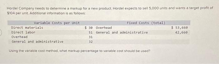Solved Hordel Company needs to determine a markup for a new | Chegg.com