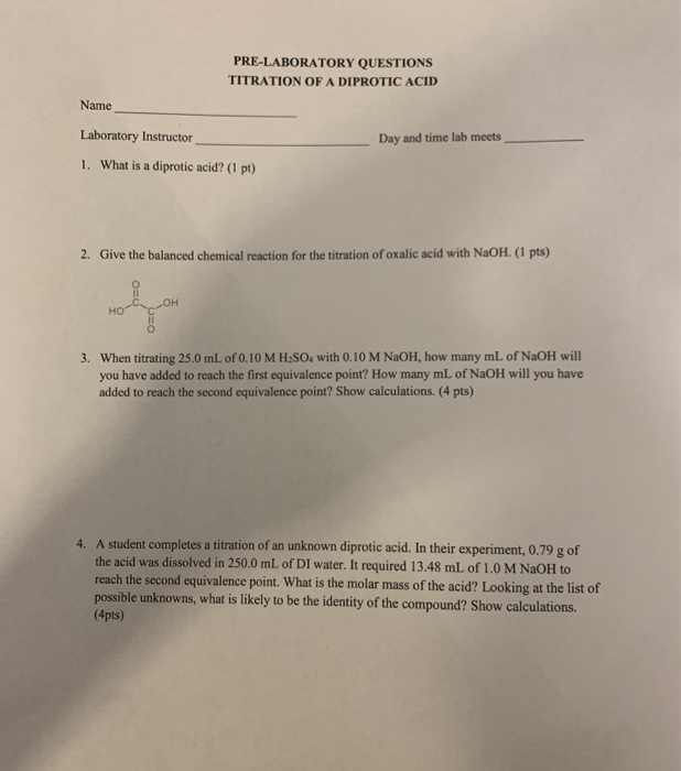 Solved PRE-LABORATORY QUESTIONS TITRATION OF A DIPROTIC ACID | Chegg.com