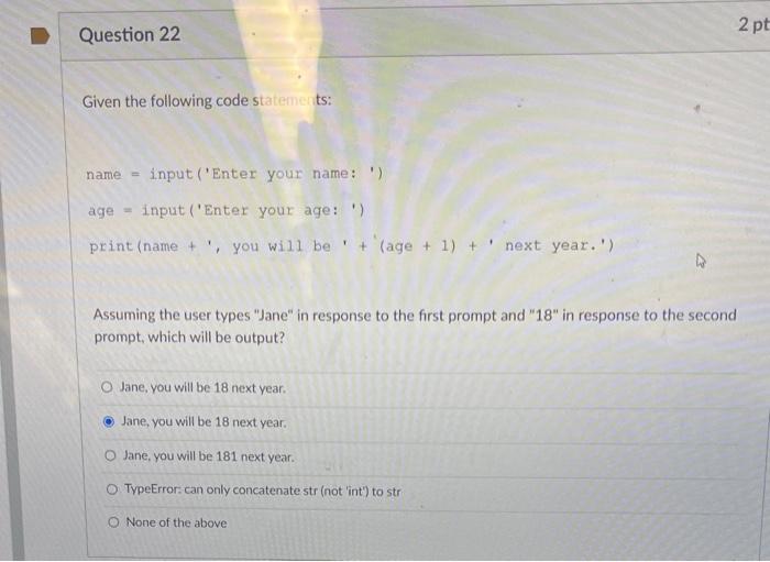 Solved Given the following code statement name = | Chegg.com