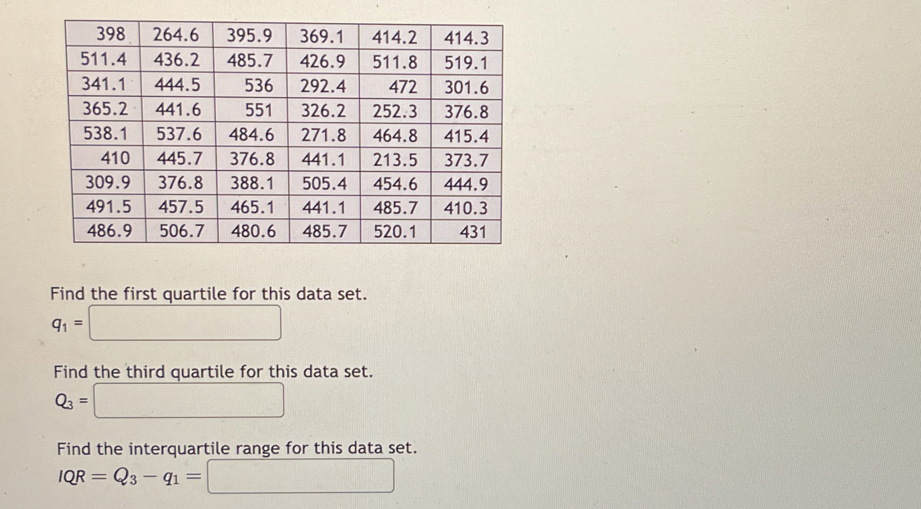 Solved Find the first quartile for this data set.q1=Find the | Chegg.com