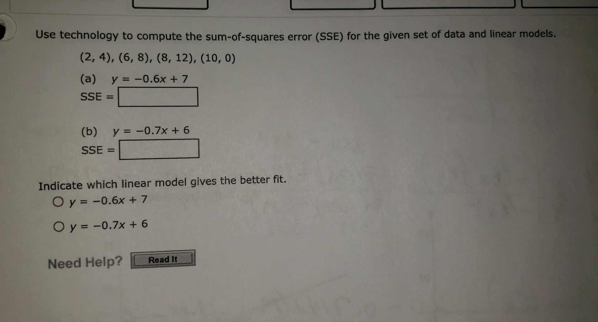 Solved Use Technology To Compute The Sum Of Squares Error 