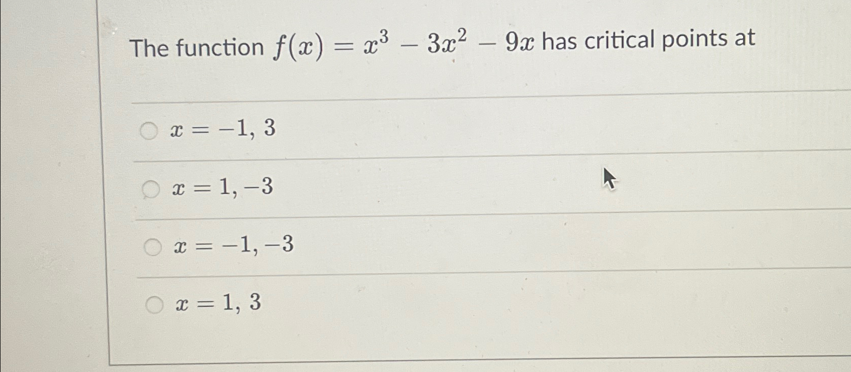 Solved The function f(x)=x3-3x2-9x ﻿has critical points | Chegg.com | Chegg.com