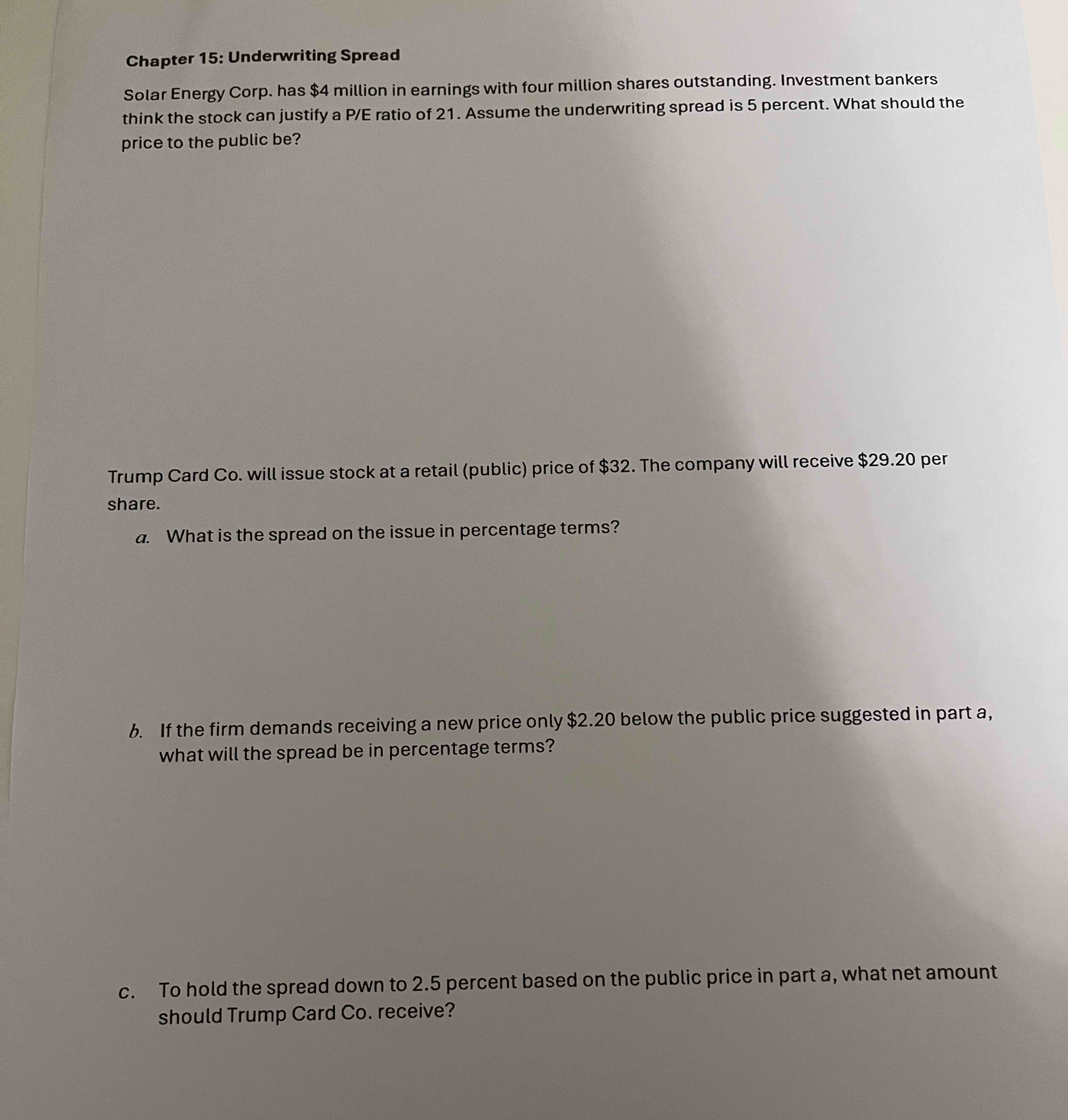 Solved Chapter 15: Underwriting Spread Solar Energy Corp. | Chegg.com