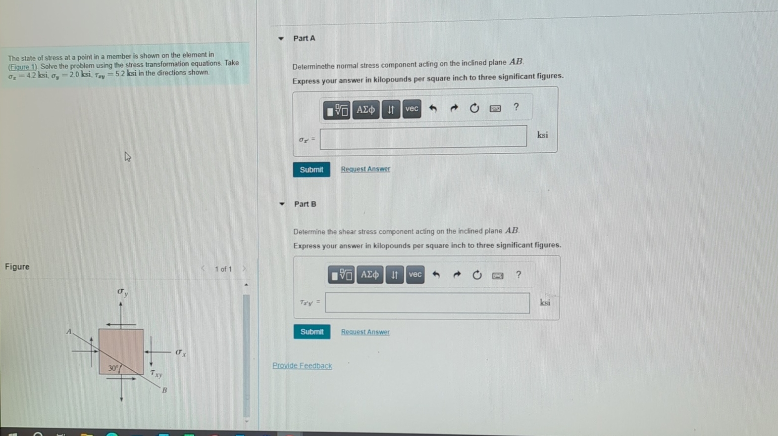 Solved Part AThe state of stress at a point in a member is | Chegg.com