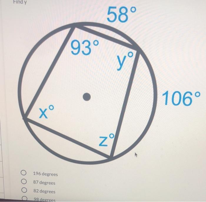 Solved Find y 58° 93° 106° to N 196 degrees 87 degrees 82 | Chegg.com