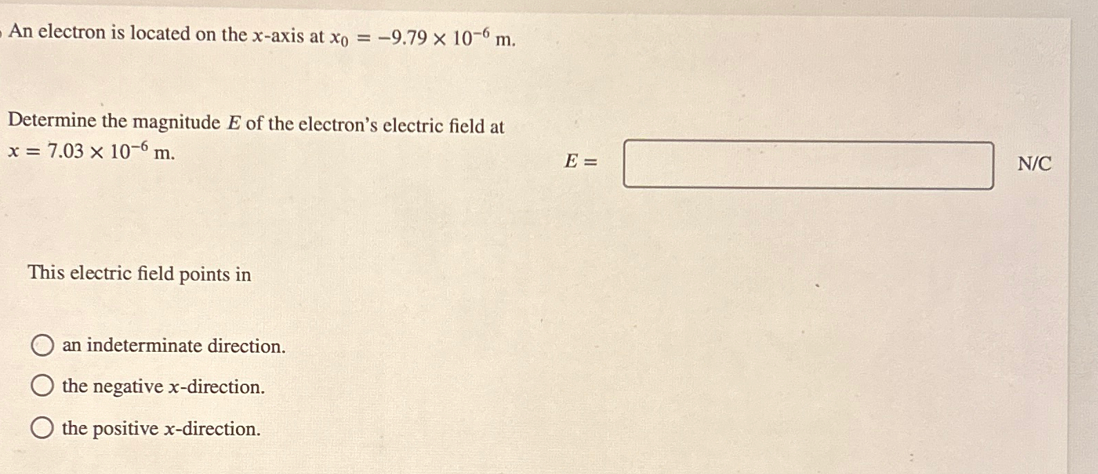 Solved An electron is located on the x-axis at | Chegg.com