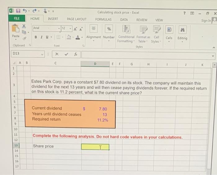 Solved BS ? ca 5 X Calculating stock price - Excel FORMULAS | Chegg.com