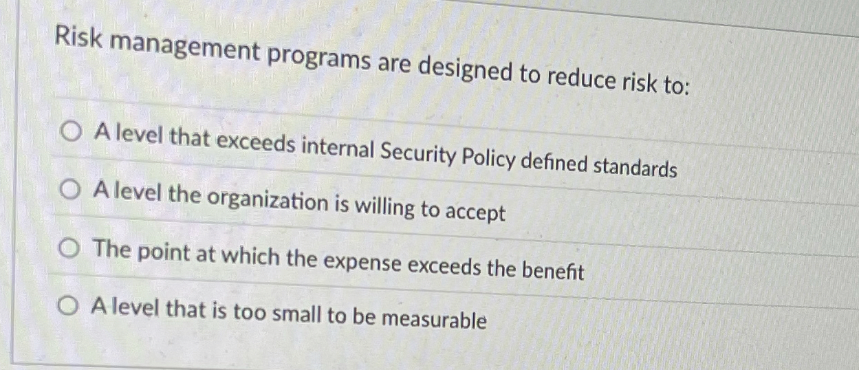 Solved Risk management programs are designed to reduce risk | Chegg.com