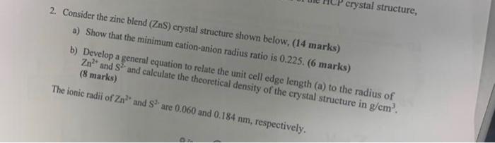 Solved 2. Consider the zinc blend (ZnS) crystal structure | Chegg.com