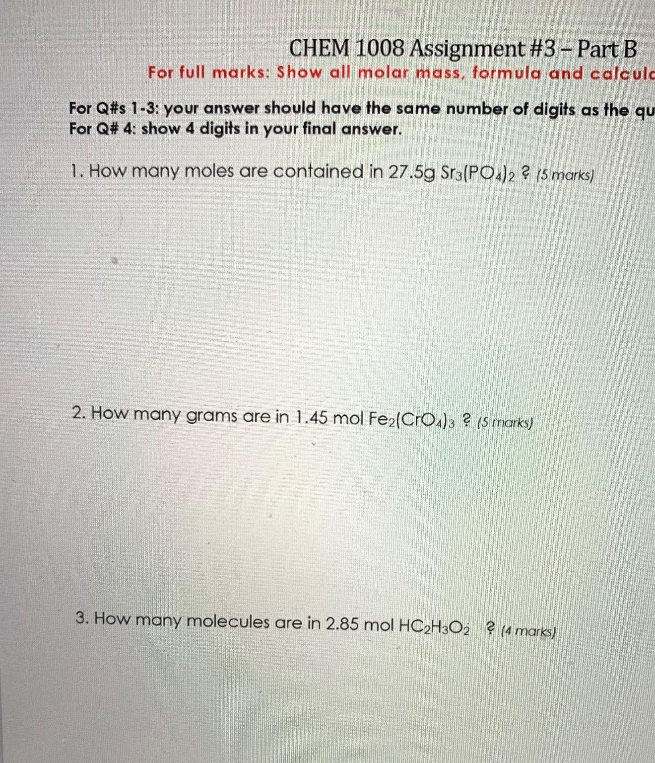 Solved CHEM 1008 ﻿Assignment #3 - ﻿Part BFor full marks: | Chegg.com