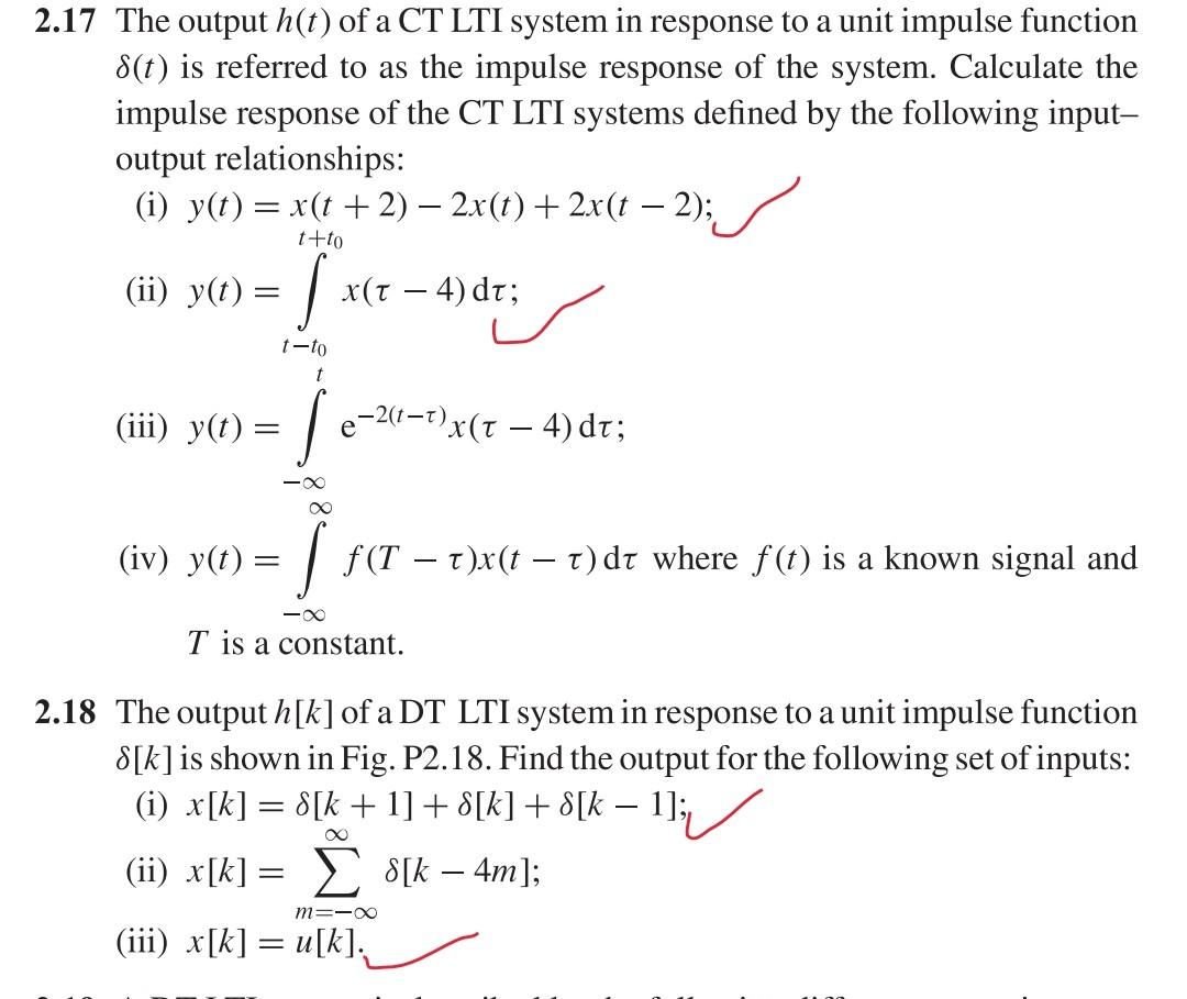 Solved 2.17 The output h(t) of a CT LTI system in response | Chegg.com