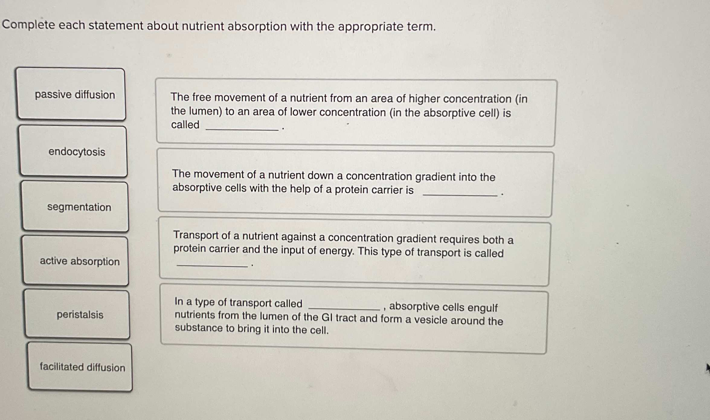 Solved Complete each statement about nutrient absorption | Chegg.com
