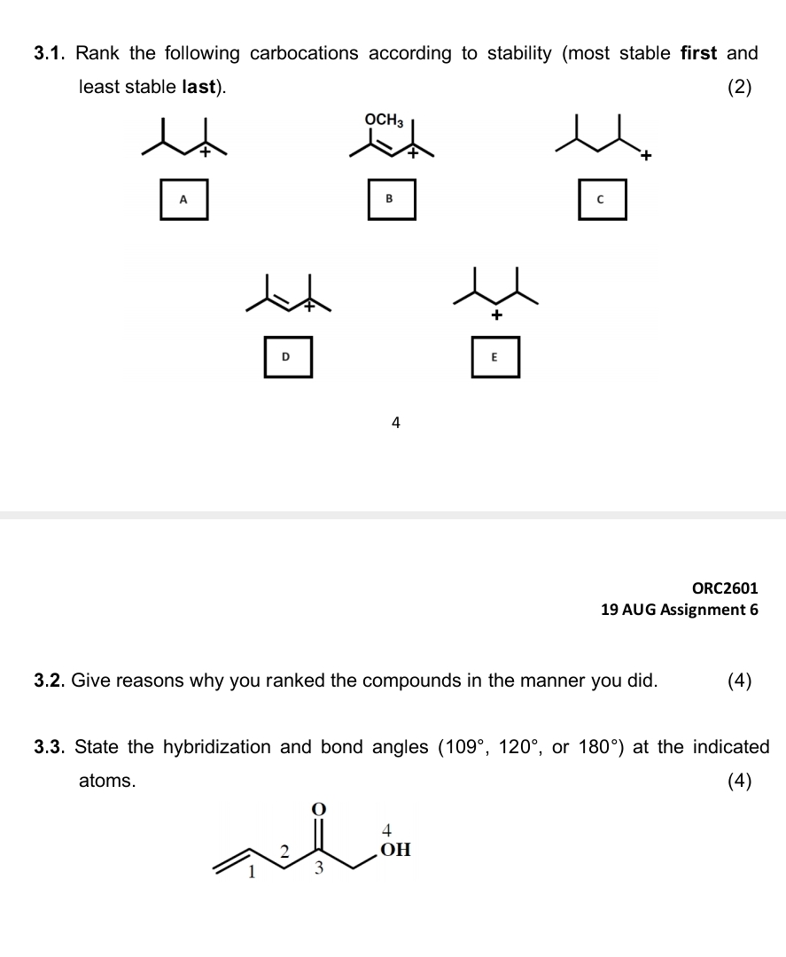 Solved 3.1. ﻿Rank the following carbocations according to | Chegg.com