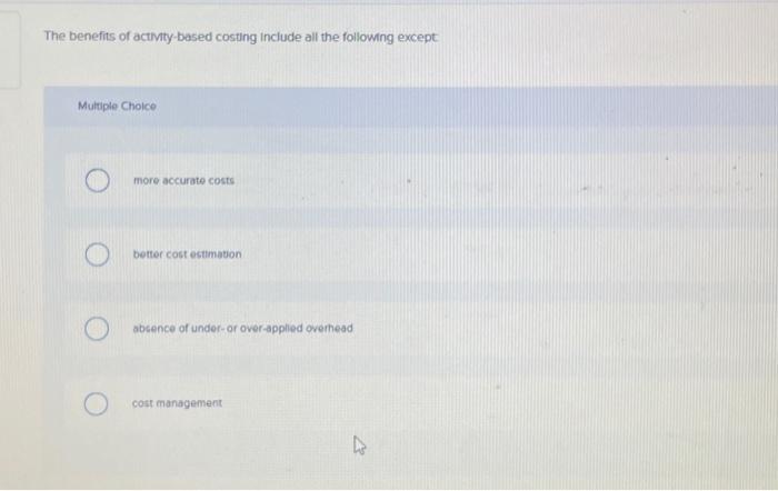 Solved The benefits of activity-based costing include all | Chegg.com