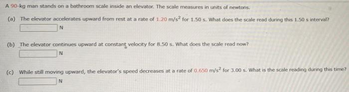 Solved A 90-kg man stands on a bathroom scale inside an | Chegg.com