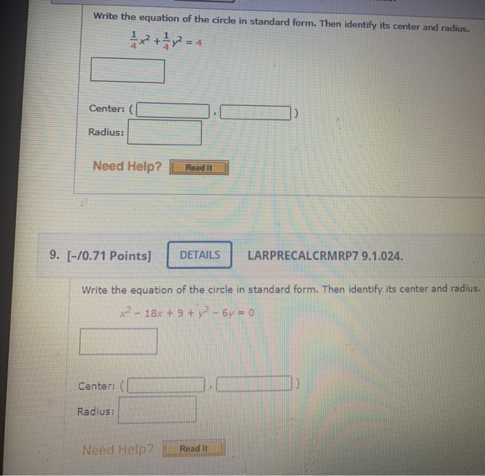 Solved Write the equation of the circle in standard form. | Chegg.com