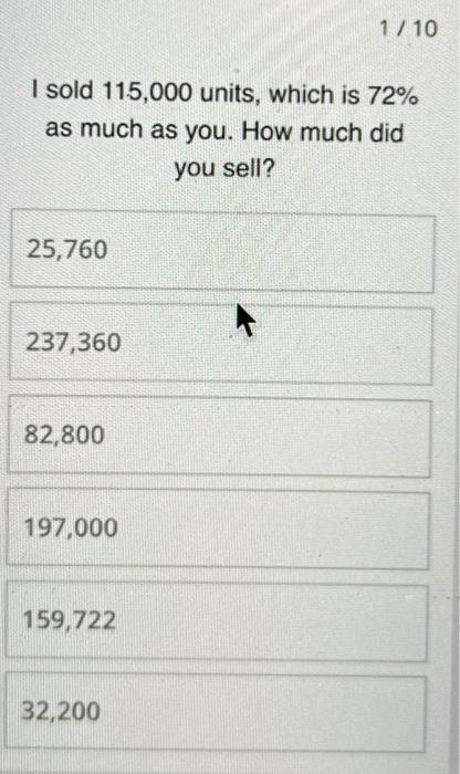 Solved I sold 115,000 units, which is 72% as much as you. | Chegg.com