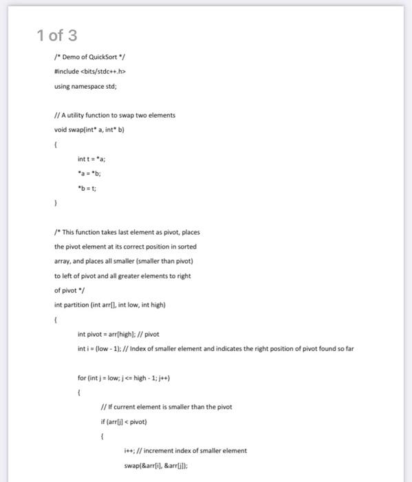 Solved 1 of 3 " Demo of QuickSort/ #include using namespace | Chegg.com