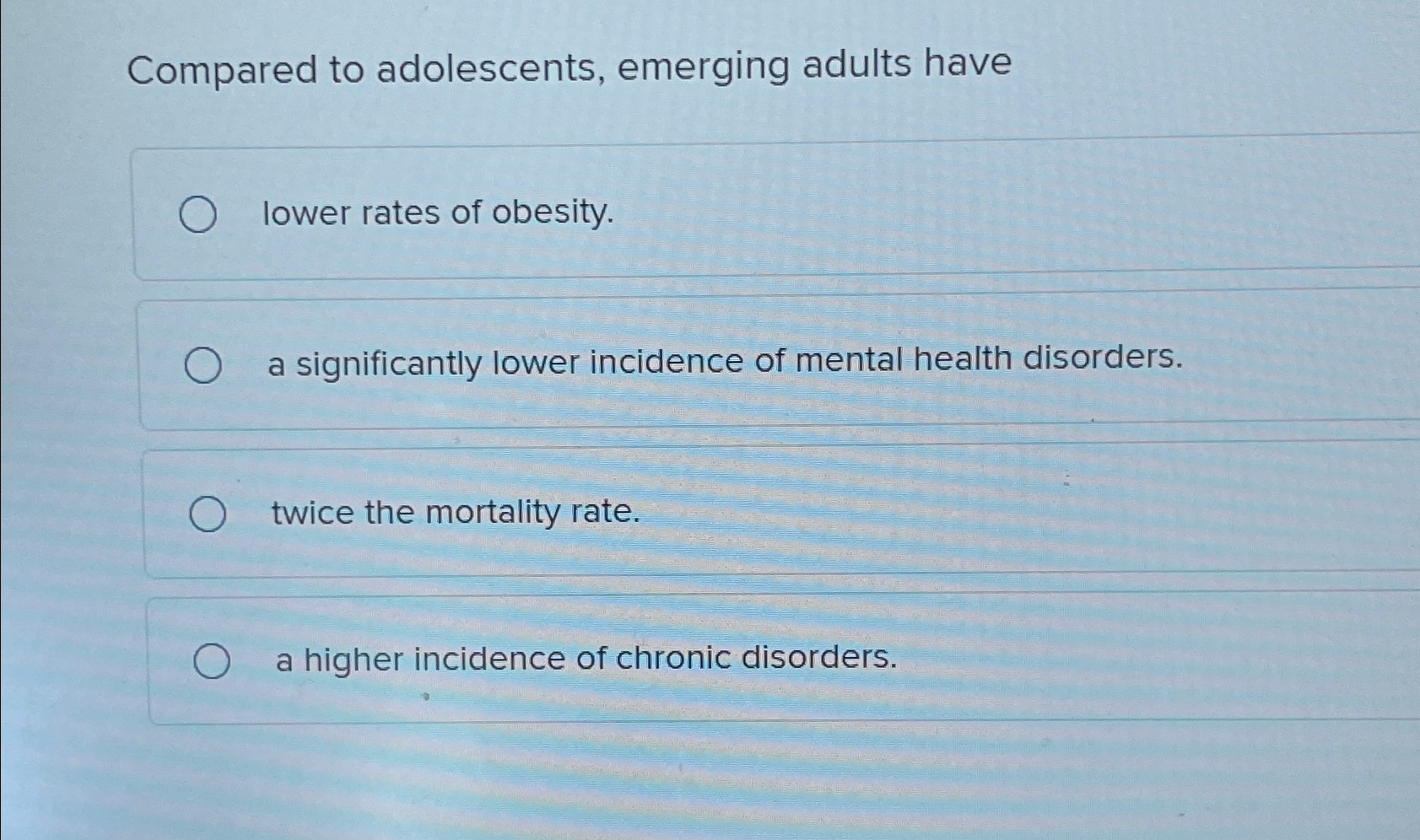 Solved Compared to adolescents, emerging adults havelower | Chegg.com