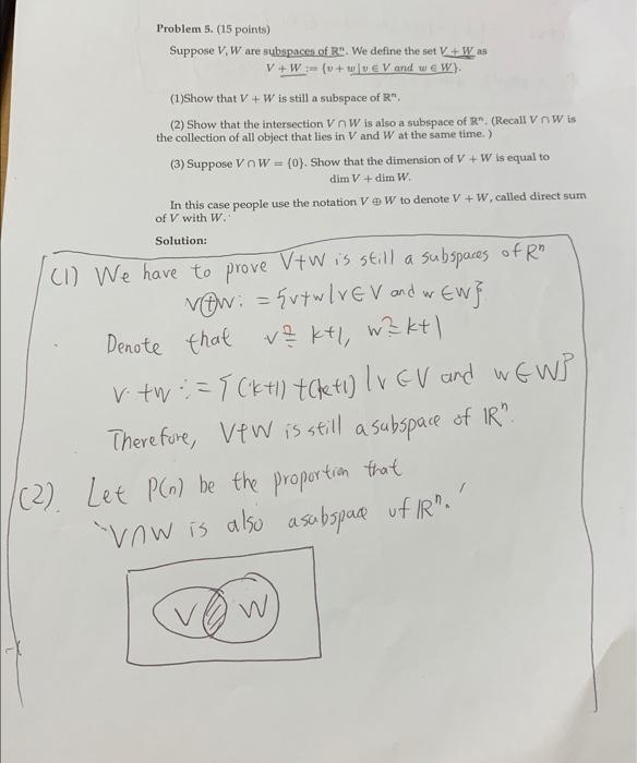 Solved Problem 5. (15 points) Suppose V,W are subepaces of | Chegg.com