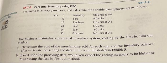 [Solved]: EX 7-3 Perpetual inventory using FIFO Beginning i