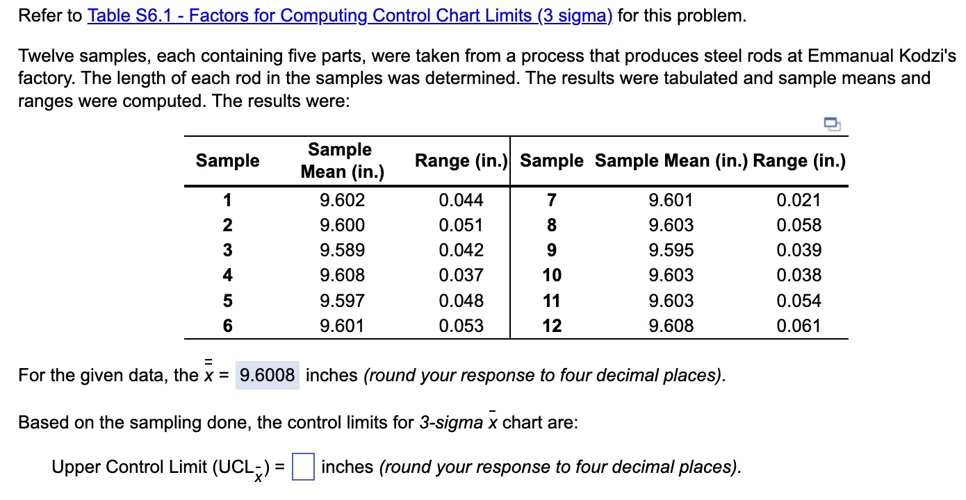 Solved Refer to Table S6.1 - ﻿Factors for Computing Control | Chegg.com