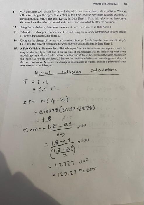 Solved Normal Collision Impulse, as measured in Procedure | Chegg.com