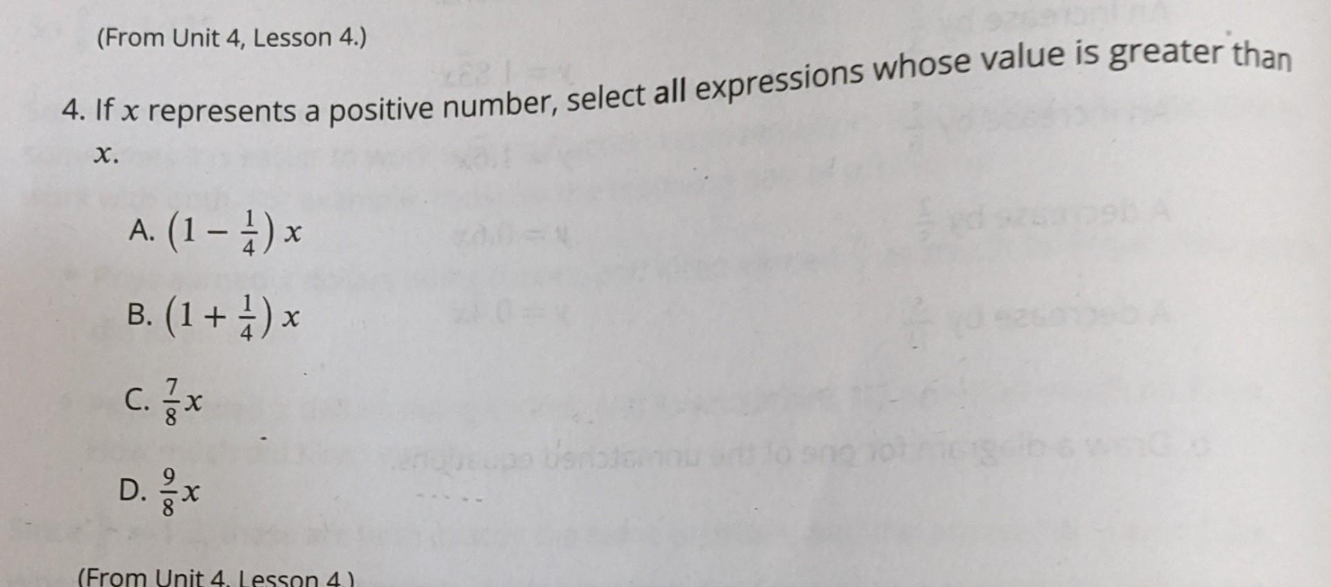 Solved (From Unit 4, Lesson 4.) 4. If x represents a | Chegg.com