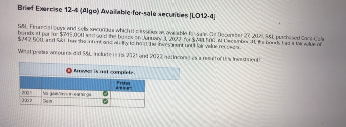 Solved Brief Exercise 12-4 (Algo) Available-for-sale | Chegg.com