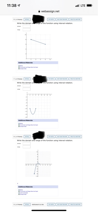 Solved 11:38 LTE webassign.net write the domain the function | Chegg.com