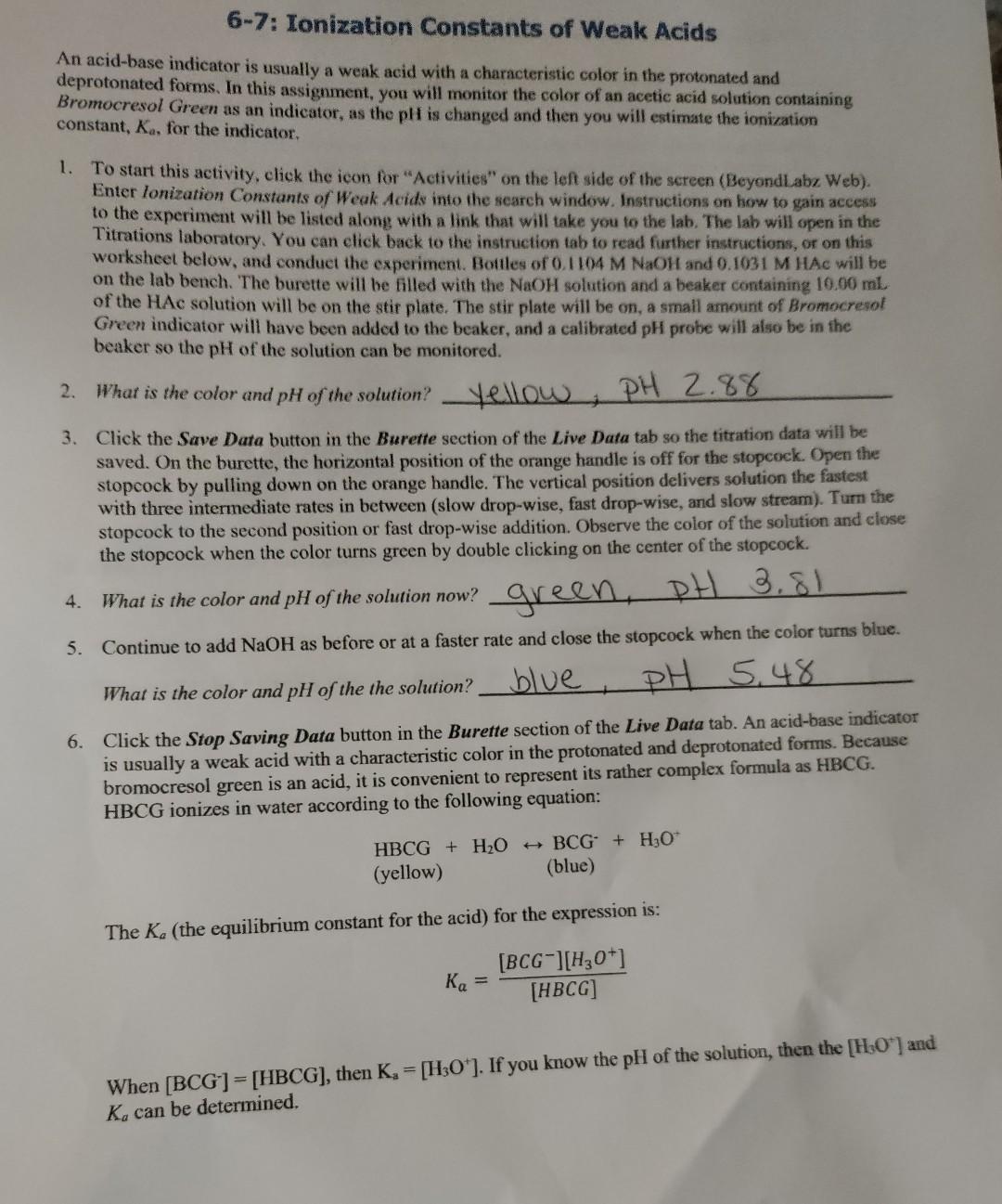 Solved 6-7: Ionization Constants of Weak Acids An acid-base | Chegg.com