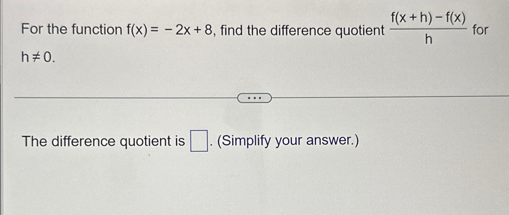 Solved For the function f(x)=-2x+8, ﻿find the difference | Chegg.com