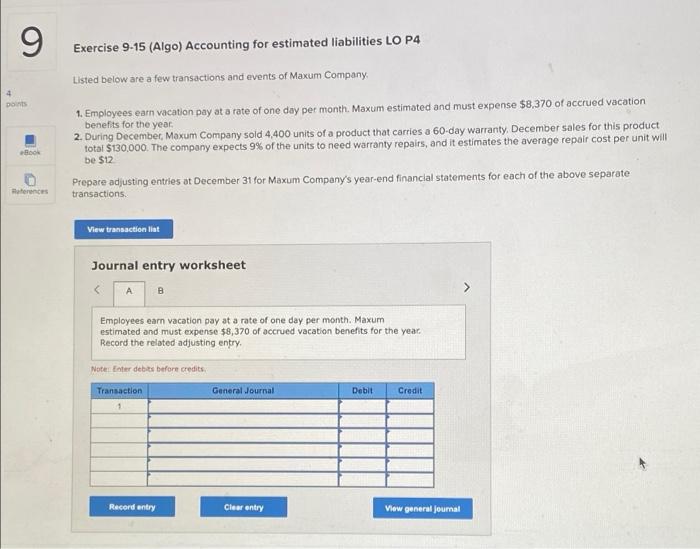 Solved 9 Exercise 9-15 (Algo) Accounting for estimated | Chegg.com