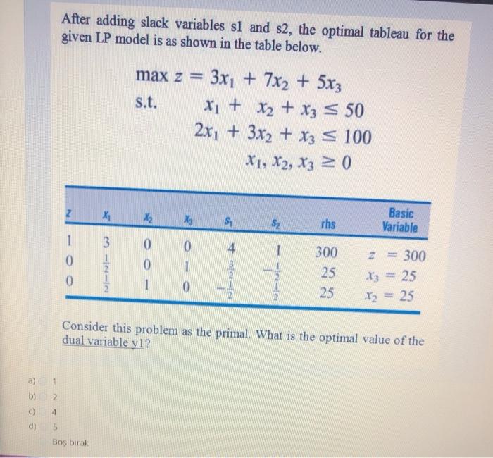 Solved After adding slack variables sl and s2, the optimal | Chegg.com