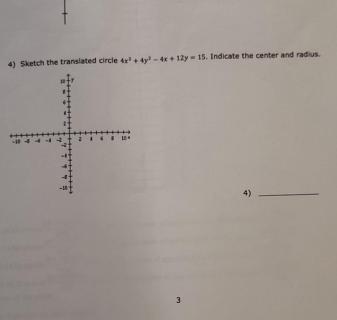 Solved 4) Sketch the translated circle 4x2+4y2−4x+12y=15. | Chegg.com