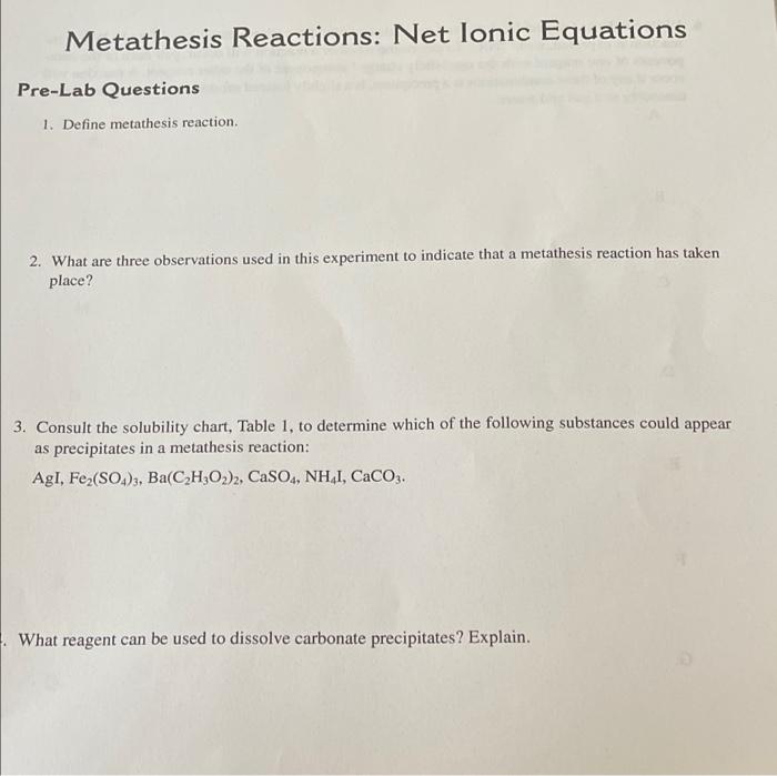 Solved Metathesis Reactions: Net Ionic Equations Pre-Lab | Chegg.com