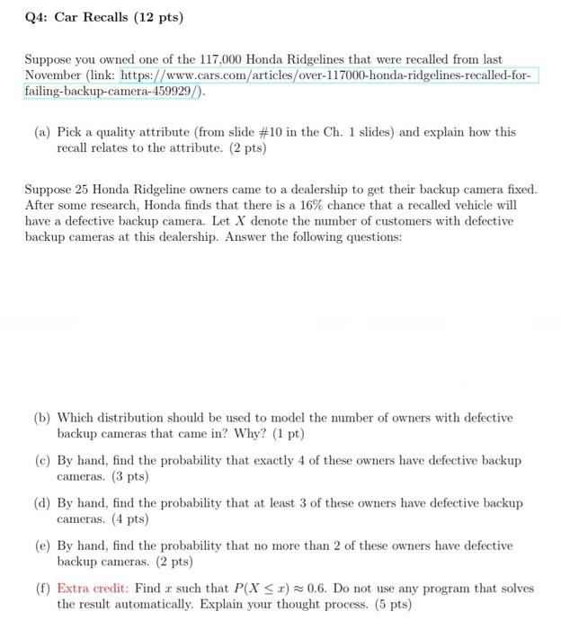 Solved Q4: Car Recalls (12 pts) Suppose you owned one of the | Chegg.com