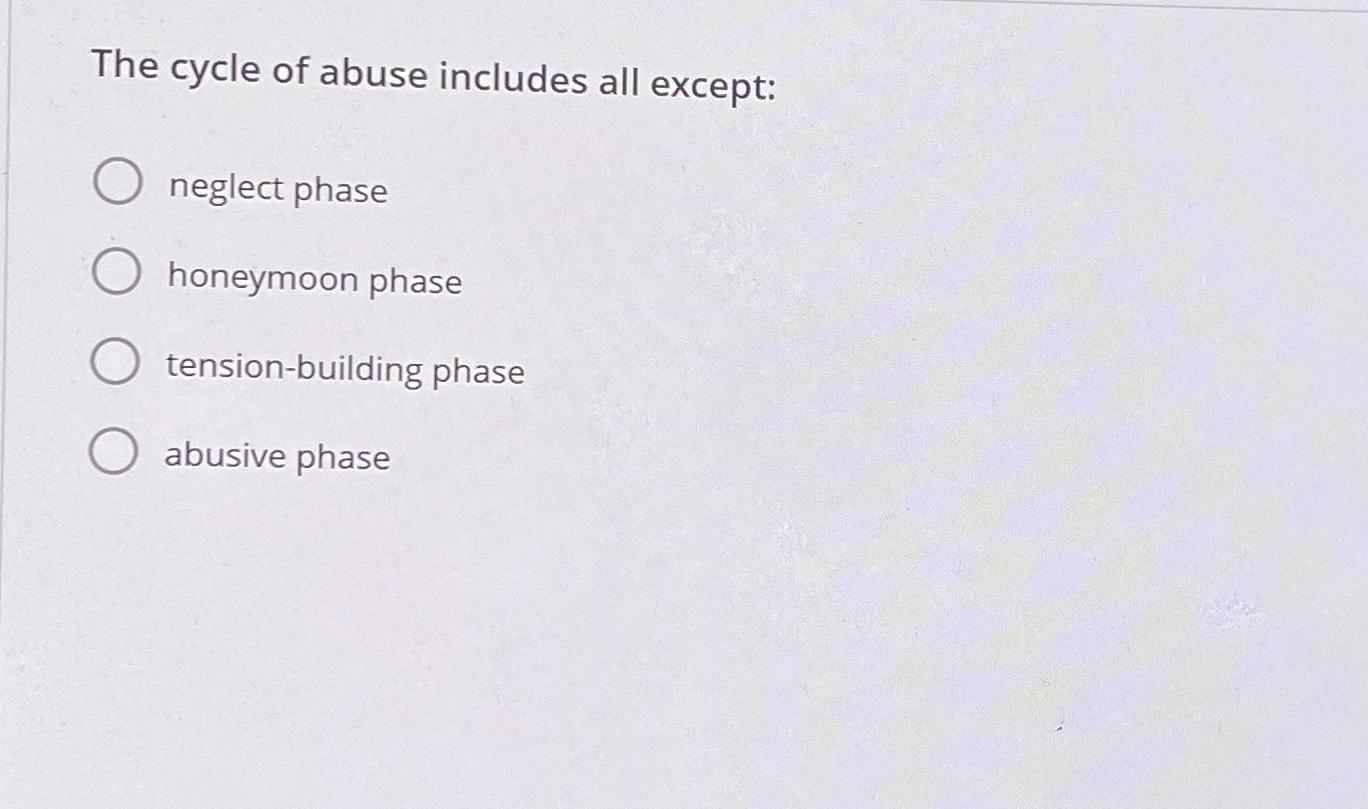 Solved The cycle of abuse includes all except:neglect | Chegg.com