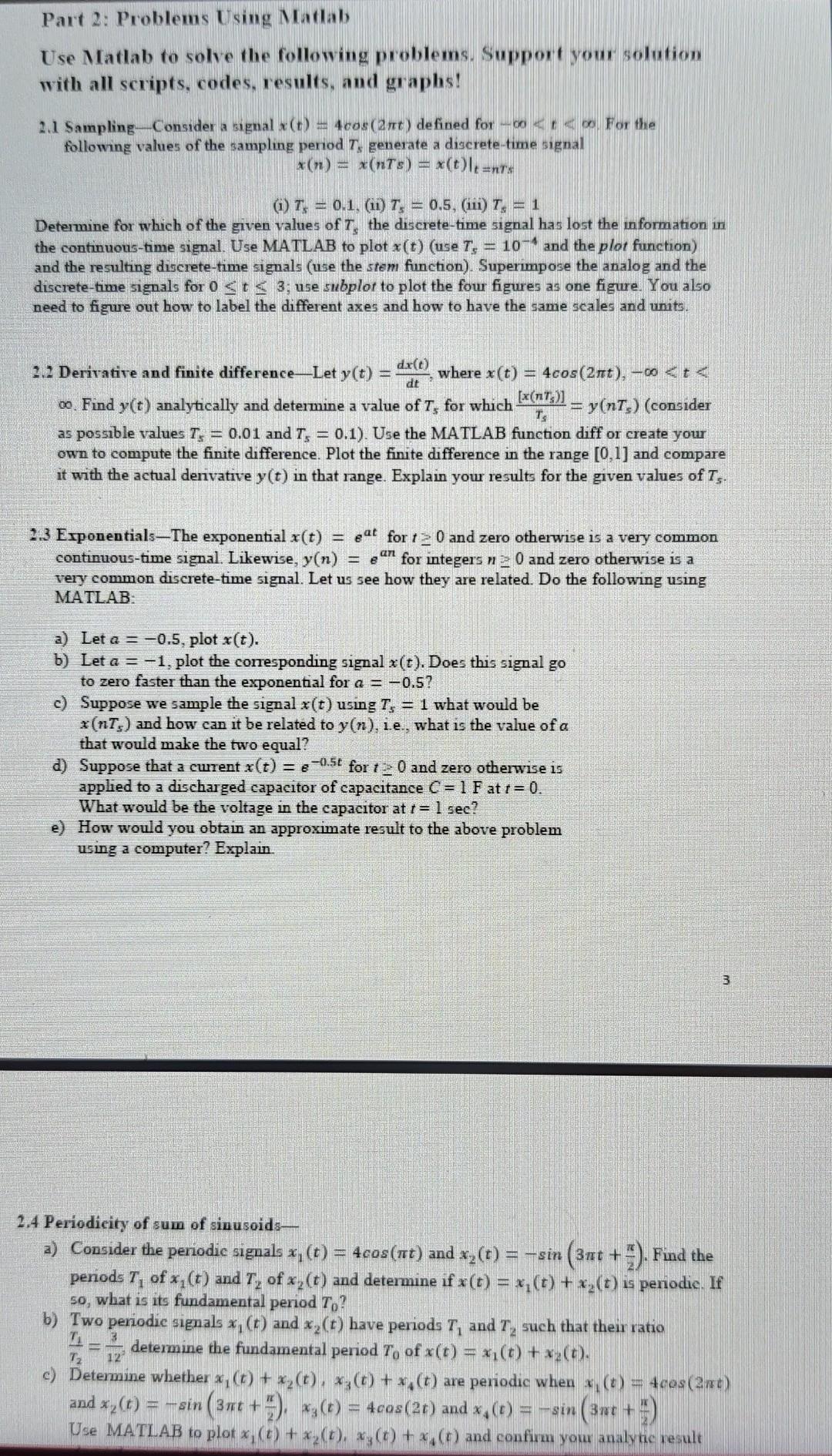 Solved Part 2 Problems Using Matlab Use Matlab To Solve The