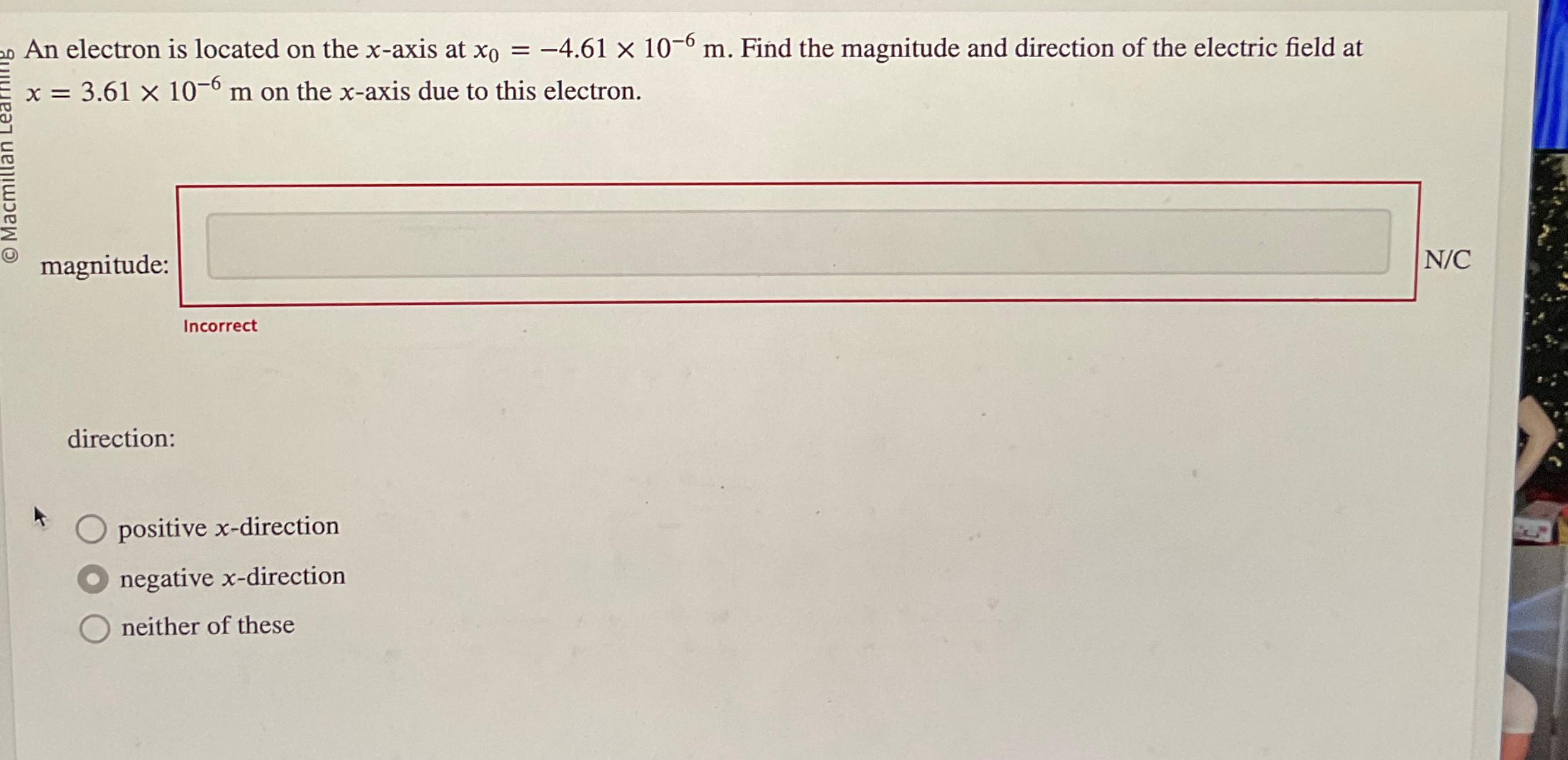 Solved An electron is located on the x-axis at | Chegg.com