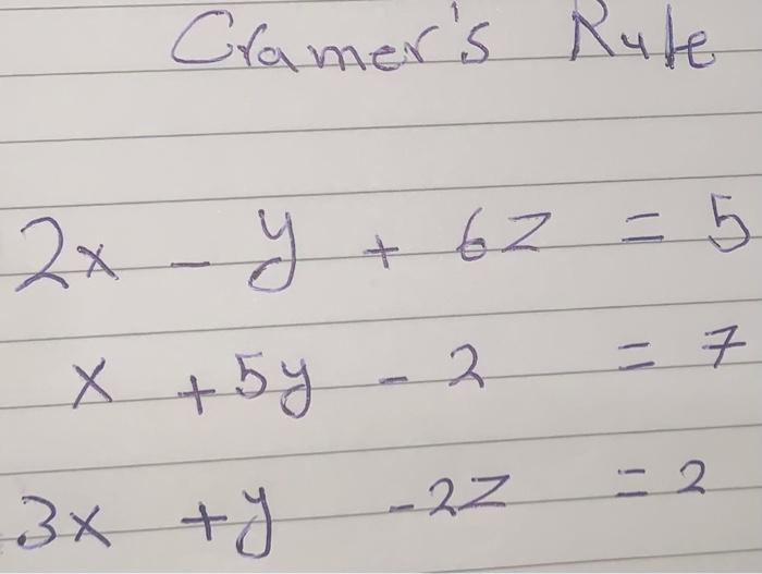 Solved Cramer's Rule 2x−y+6z=5x+5y−2=73x+y−2z=2 | Chegg.com