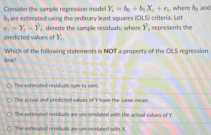 Solved Consider the sample regression model Yi=b0+b1Xi+ei, | Chegg.com