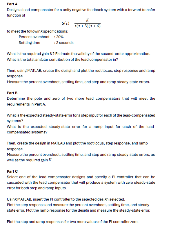 Solved Part ADesign a lead compensator for a unity negative | Chegg.com