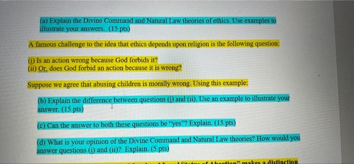 Solved (a) Explain the Divine Command and Natural Law | Chegg.com