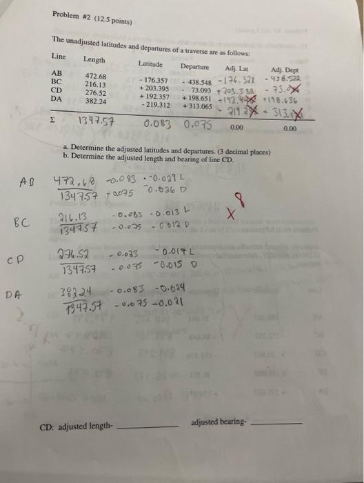 Solved b. Determine the adjusted length and bearing of line | Chegg.com