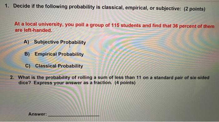 Solved 1. Decide if the following probability is classical, | Chegg.com