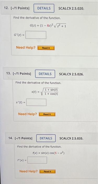 Solved 12. [-/1 Points] SCALC9 2.5.020. Find the derivative | Chegg.com